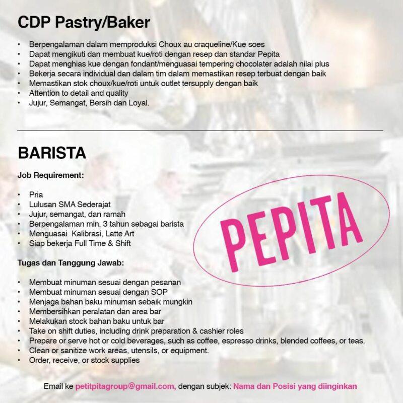Lowongan Kerja CDP Pastry/Baker - Barista - CDP - Helper di Pepita ...