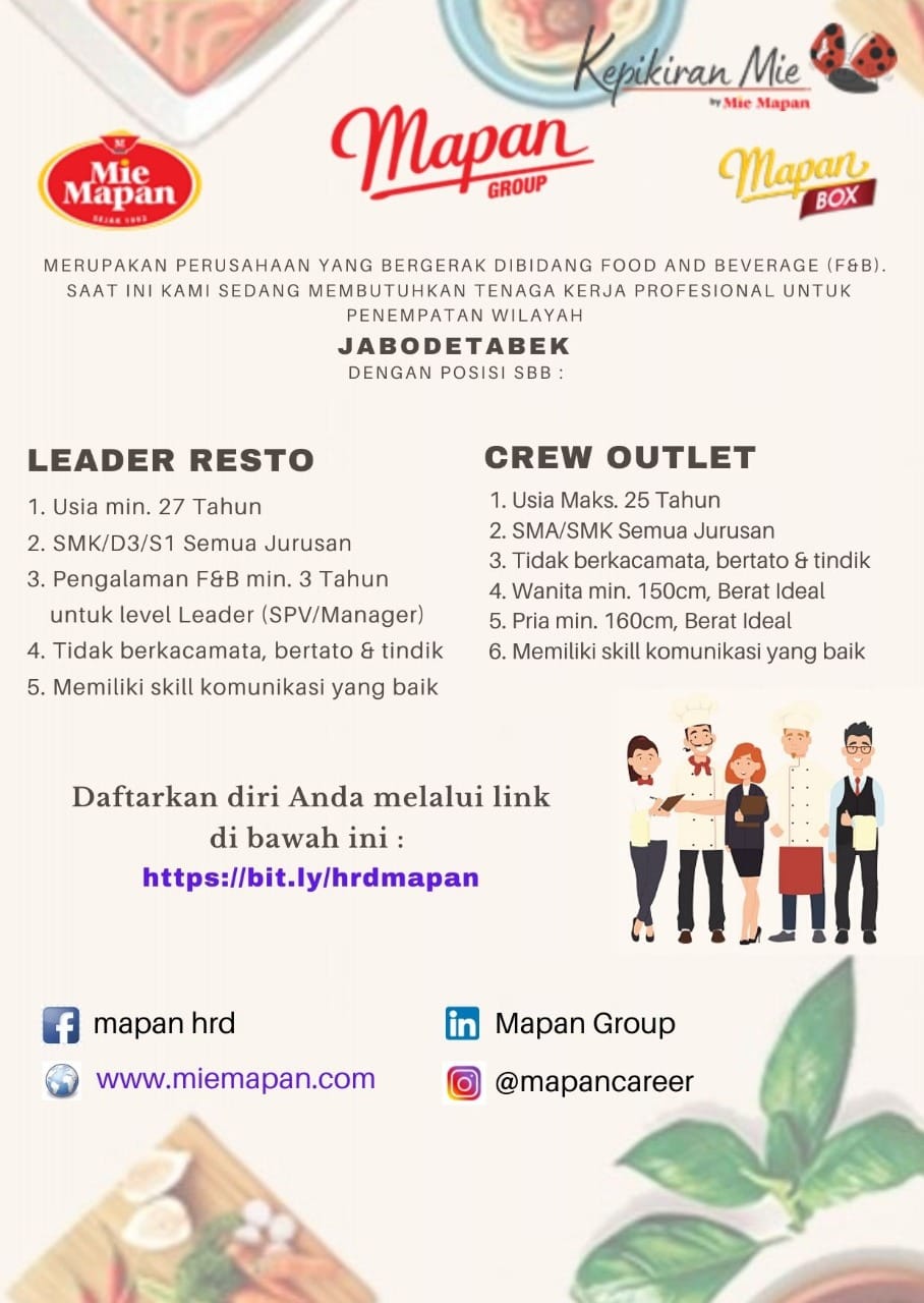 Lowongan Kerja Leader Resto - Crew Outlet di Mapan Group - JakartaKerja
