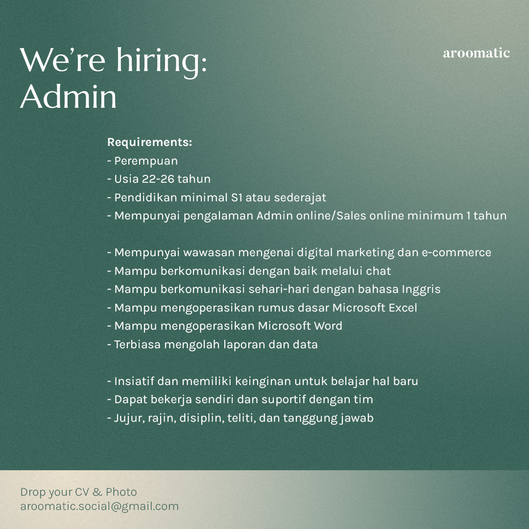 Lowongan Kerja Admin di Aroomatic - JakartaKerja