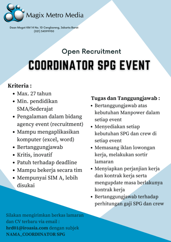 Lowongan Kerja Coordinator SPG Event di Magix Metro Media - JakartaKerja