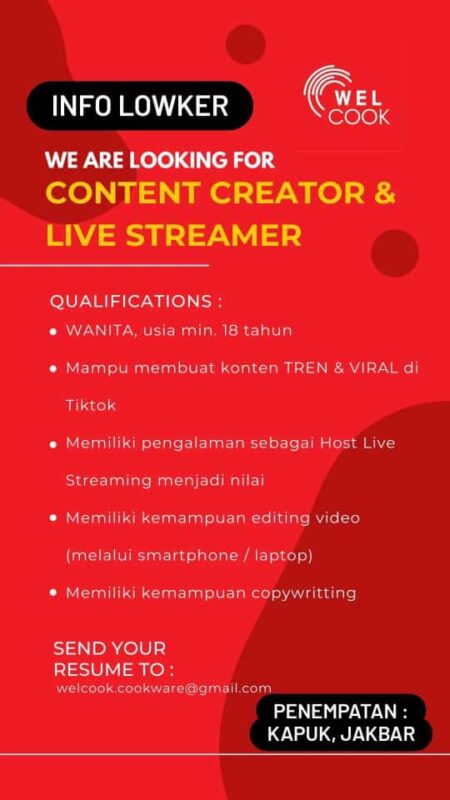 Lowongan Kerja Content Creator & Live Streamer di Welcook Cookware - JakartaKerja