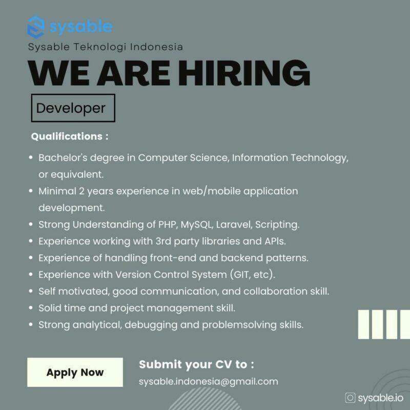 Lowongan Kerja Developer di PT. Sysable Teknologi Indonesia - JakartaKerja