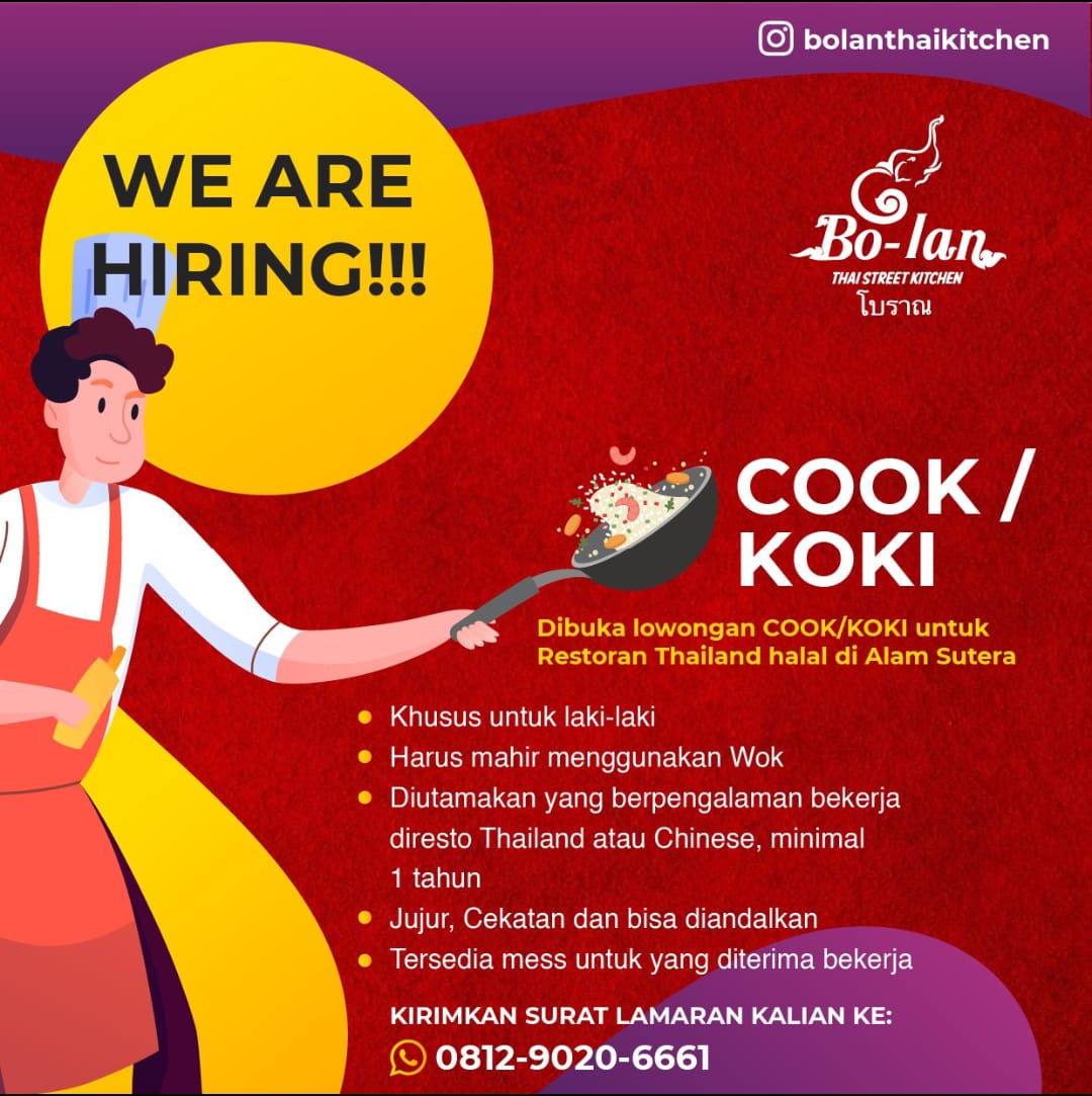 Lowongan Kerja Koki / Cook di Resto Bolan Thai Street Kitchen ...