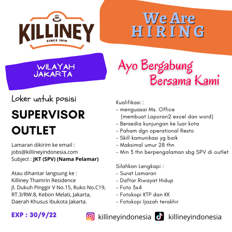 Lowongan Kerja Supervisor Outlet di Killiney Indonesia - JakartaKerja