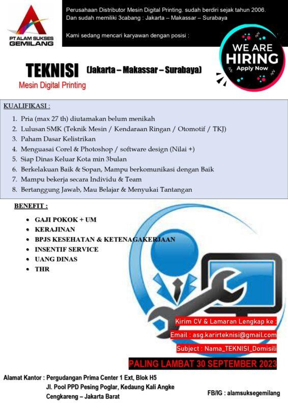 Lowongan Kerja Teknisi di PT. Alam Sukses Gemilang - JakartaKerja