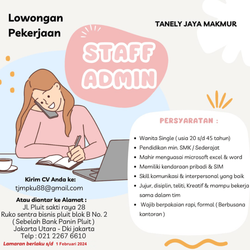 Lowongan Kerja Staff Administrasi di PT. Tanely Jaya Makmur - JakartaKerja