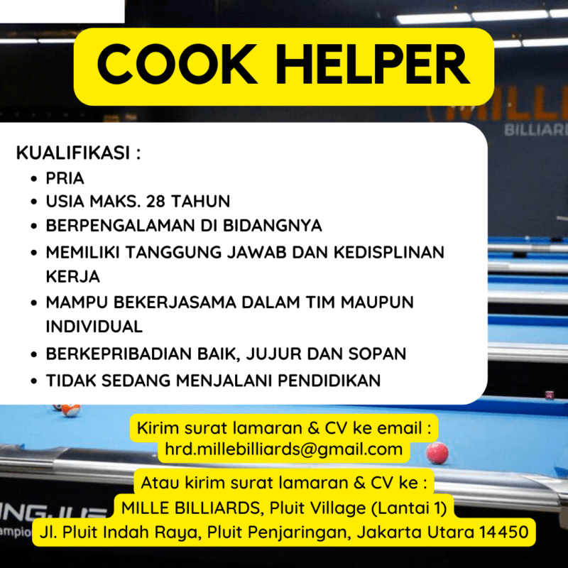 Lowongan Kerja Cook Helper - Server - Waitress - Cashier di Mille ...