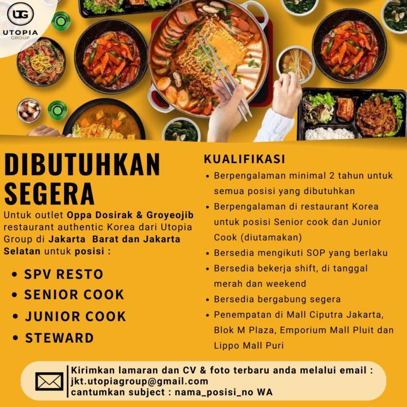 Lowongan Kerja SPV Resto - Senior Cook - Junior Cook - Steward ...