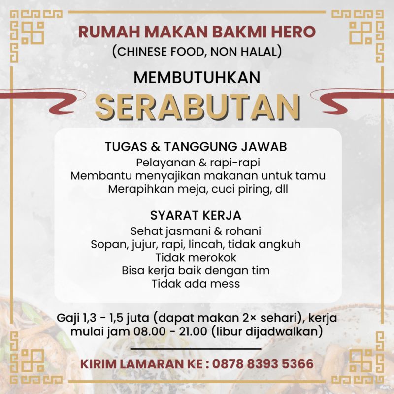 Lowongan Kerja Serabutan di Rumah Makan Bakmi Hero - JakartaKerja