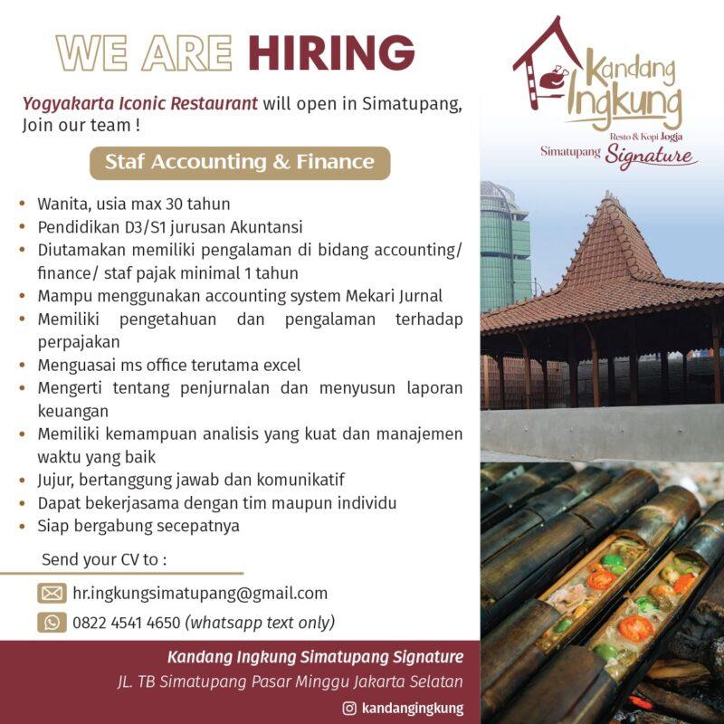 Lowongan Kerja Staff Accounting & Finance di Kandang Ingkung Simatupang ...