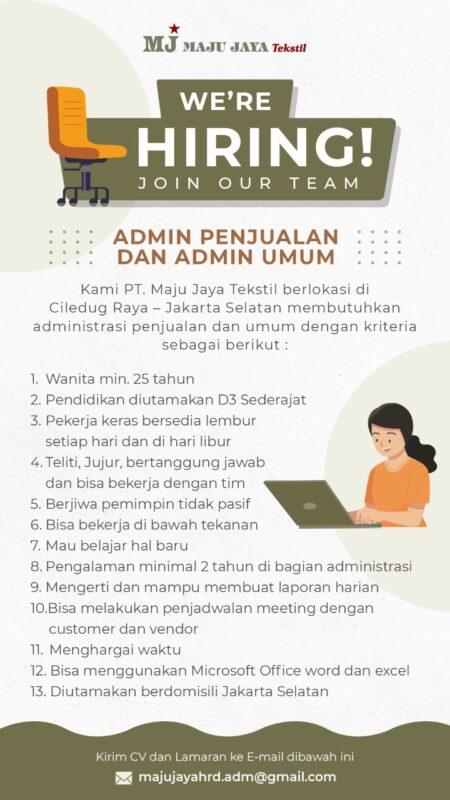 Lowongan Kerja Admin Penjualan - Admin Umum di PT. Maju Jaya Tekstil ...