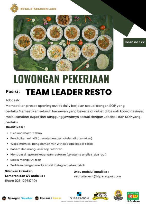 Lowongan Kerja Team Leader Resto - Sales Marketing Resto di PT. Royal ...
