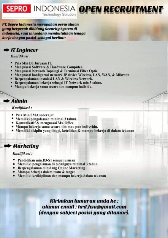 Lowongan Kerja IT Engineer - Admin - Marketing di PT. Sepro Indonesia ...