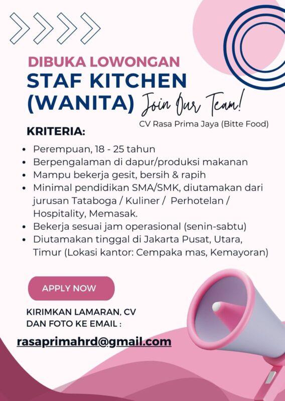 Lowongan Kerja Staff Kitchen Wanita di CV Rasa Prima Jaya (Bitte Food ...