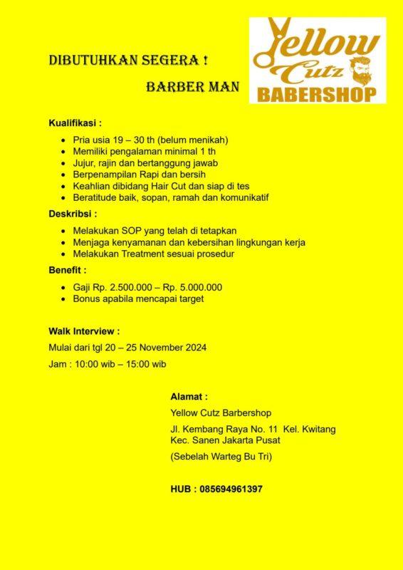 Lowongan Kerja Barber Man di Yellow Cut Barbershop - JakartaKerja