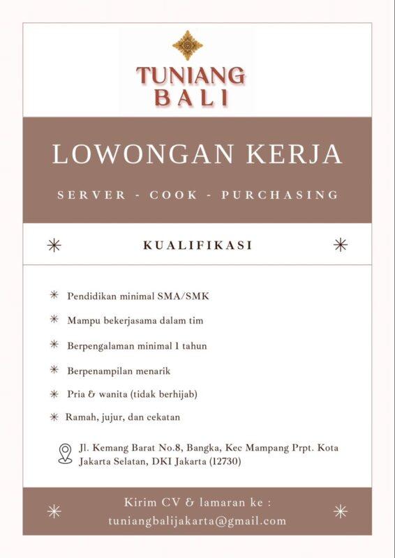 Lowongan Kerja Server - Cook - Purchasing di Tuniang Bali - JakartaKerja