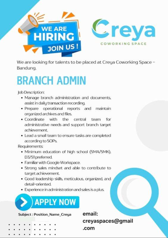 Lowongan Kerja Branch Admin di PT. Creya Produktif Bersama - JakartaKerja