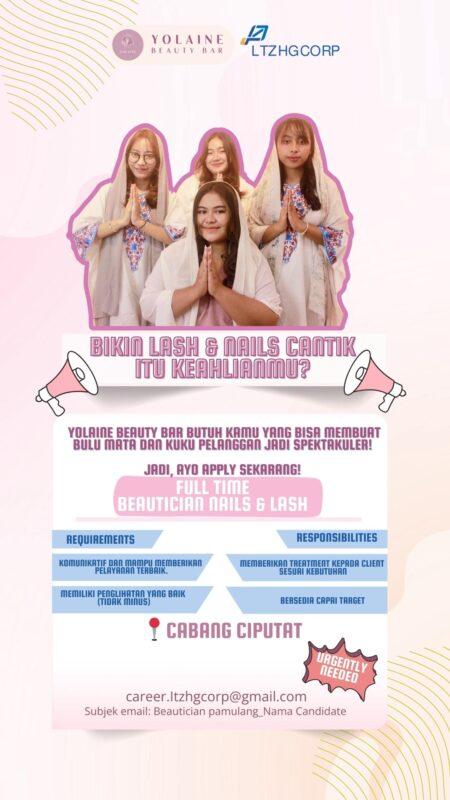 Lowongan Kerja Full Time Beautician Nails & Lash di Yolaine Beauty Bar - JakartaKerja