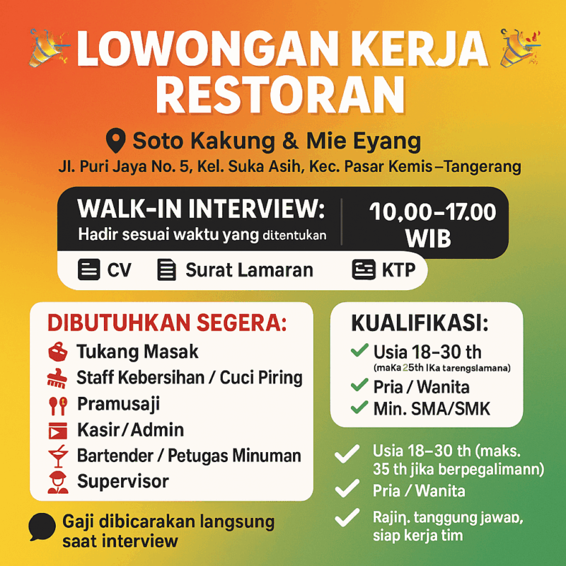 Lowongan Kerja Cooking Staff - Bartender - Pramusaji - Admin - Supervisor Restoran di Kakung ...