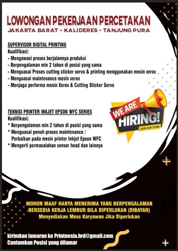 Lowongan Kerja Supervisor Digital Printing - Teknisi Printer Inkjet Epson WFC Series di ...