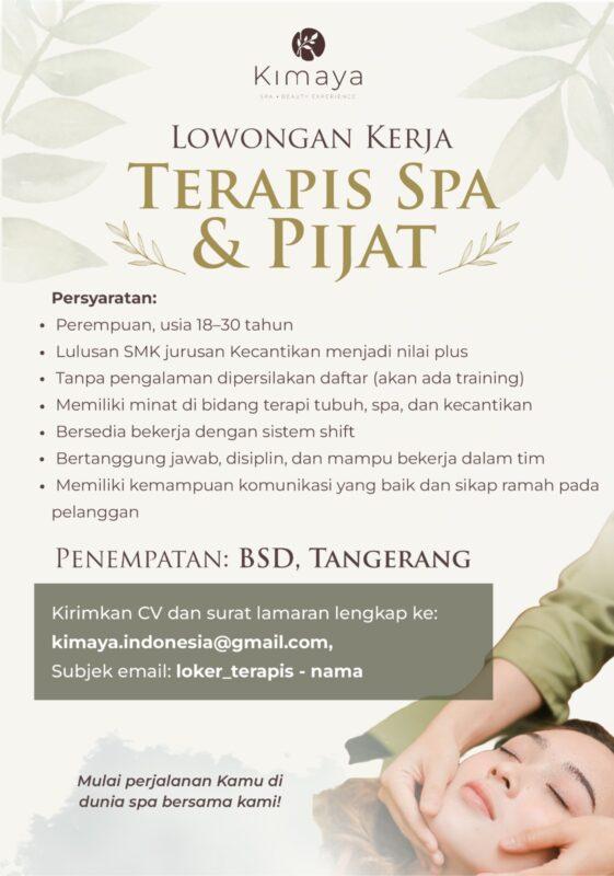 Lowongan Kerja Terapis Spa & Pijat di Kimaya Spa & Beauty Experience - JakartaKerja