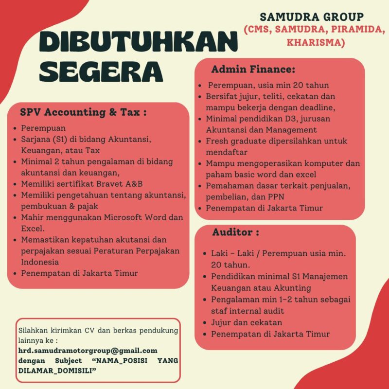 Lowongan Kerja SPV Accounting & Tax - Admin Finance - Auditor - Kepala ...