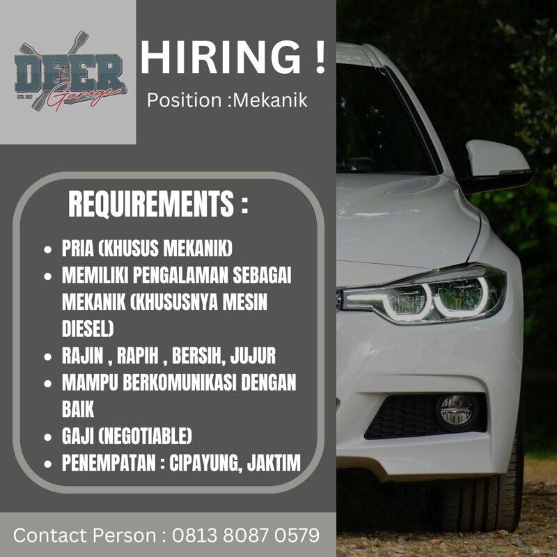 Lowongan Kerja Mekanik di Deer Garage Jakarta - JakartaKerja