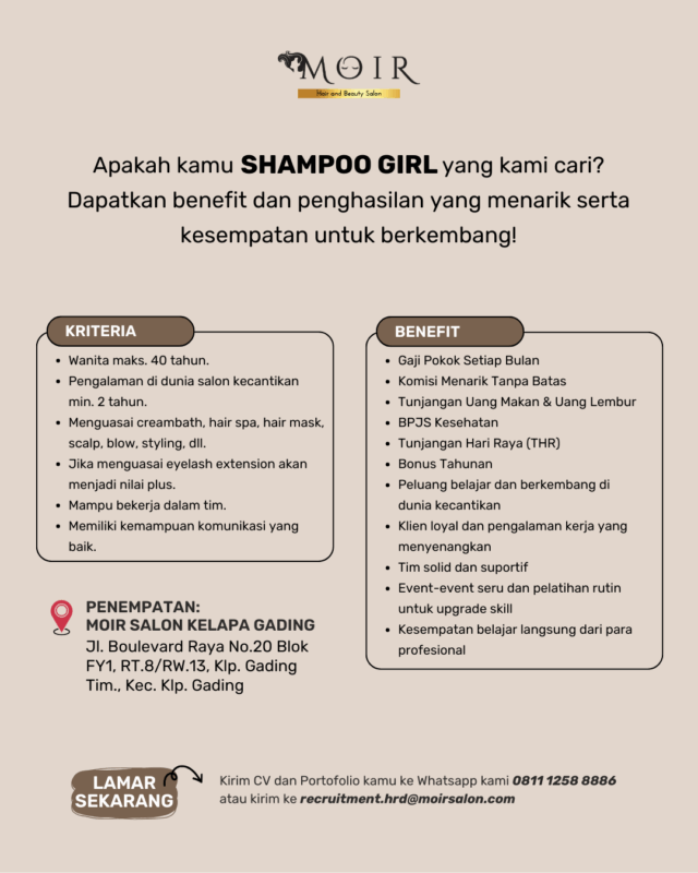 Lowongan Kerja Shampoo Girl - Capster di PT. Moira Cantik Berkat (Moir ...