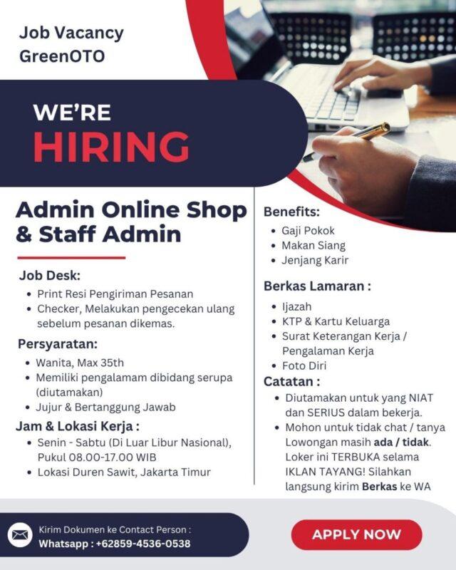 Lowongan Kerja Admin Online Staff & Staff Admin di GreenOTO - JakartaKerja