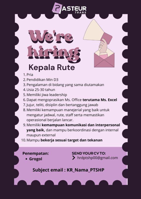 Lowongan Kerja Kepala Rute - Customer Service Officer di Pasteur Trans ...