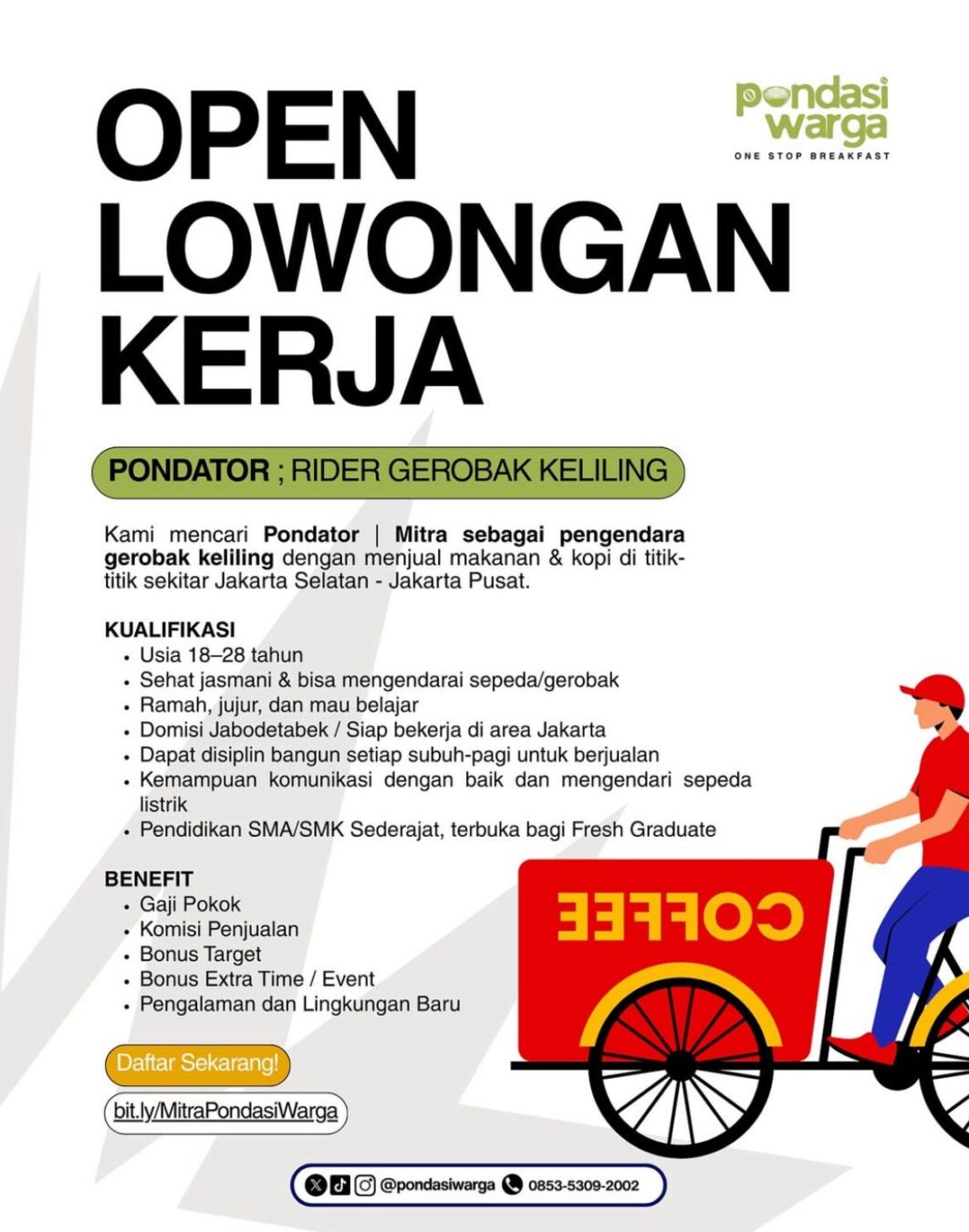 Lowongan Kerja Rider Gerobak Keliling di Pondasi Warga - JakartaKerja