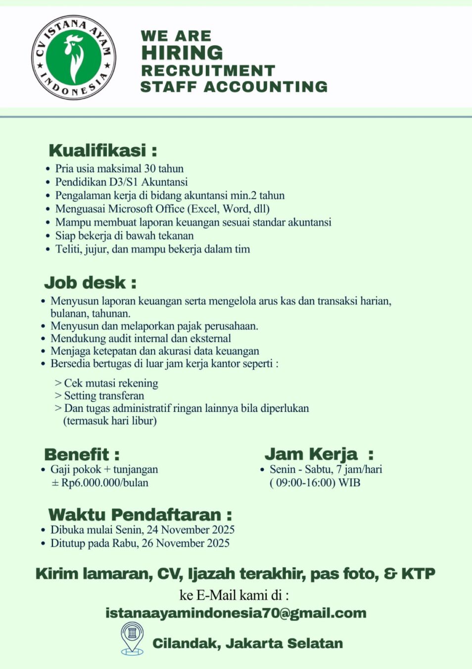 Lowongan Kerja Staff Accounting di CV. Istana Ayam Indonesia - JakartaKerja