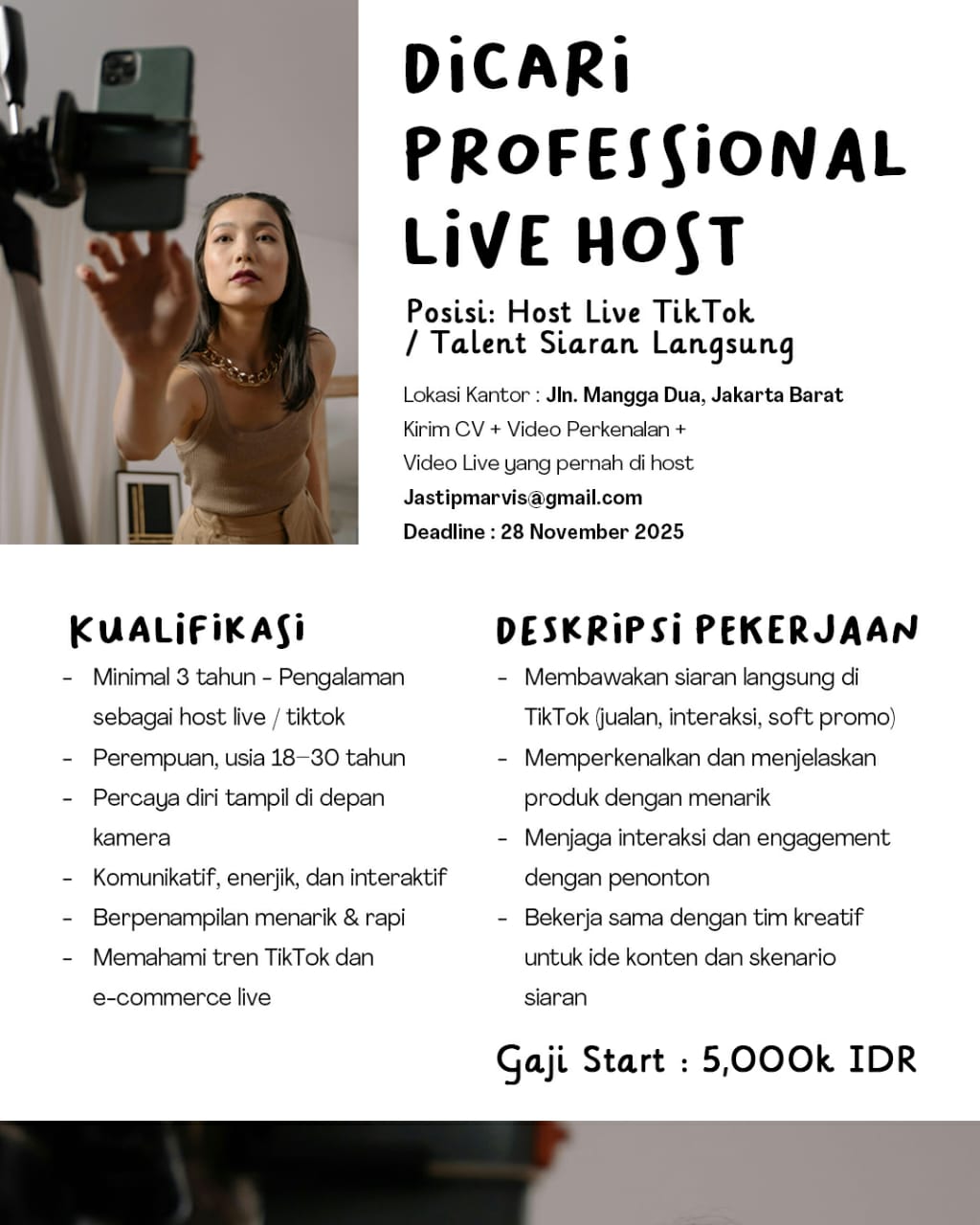 Lowongan Kerja Professional Live Host di Jastip Marvis - JakartaKerja