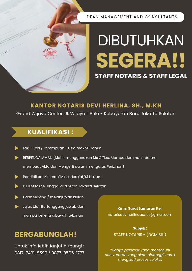 Lowongan Kerja Staff Notaris - Staff Legal di Kantor Notaris Devi ...