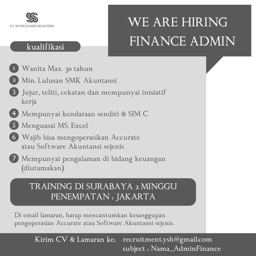 Lowongan Kerja Finance Admin (CS) di CV. Shyne Sukses Sejahtera - JakartaKerja
