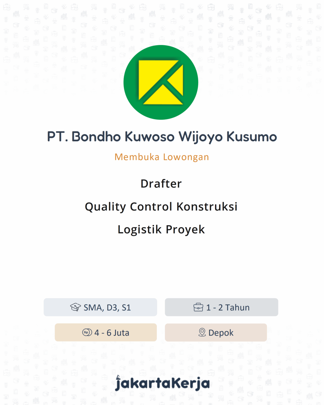 Lowongan Kerja Drafter - Quality Control Konstruksi - Logistik Proyek ...