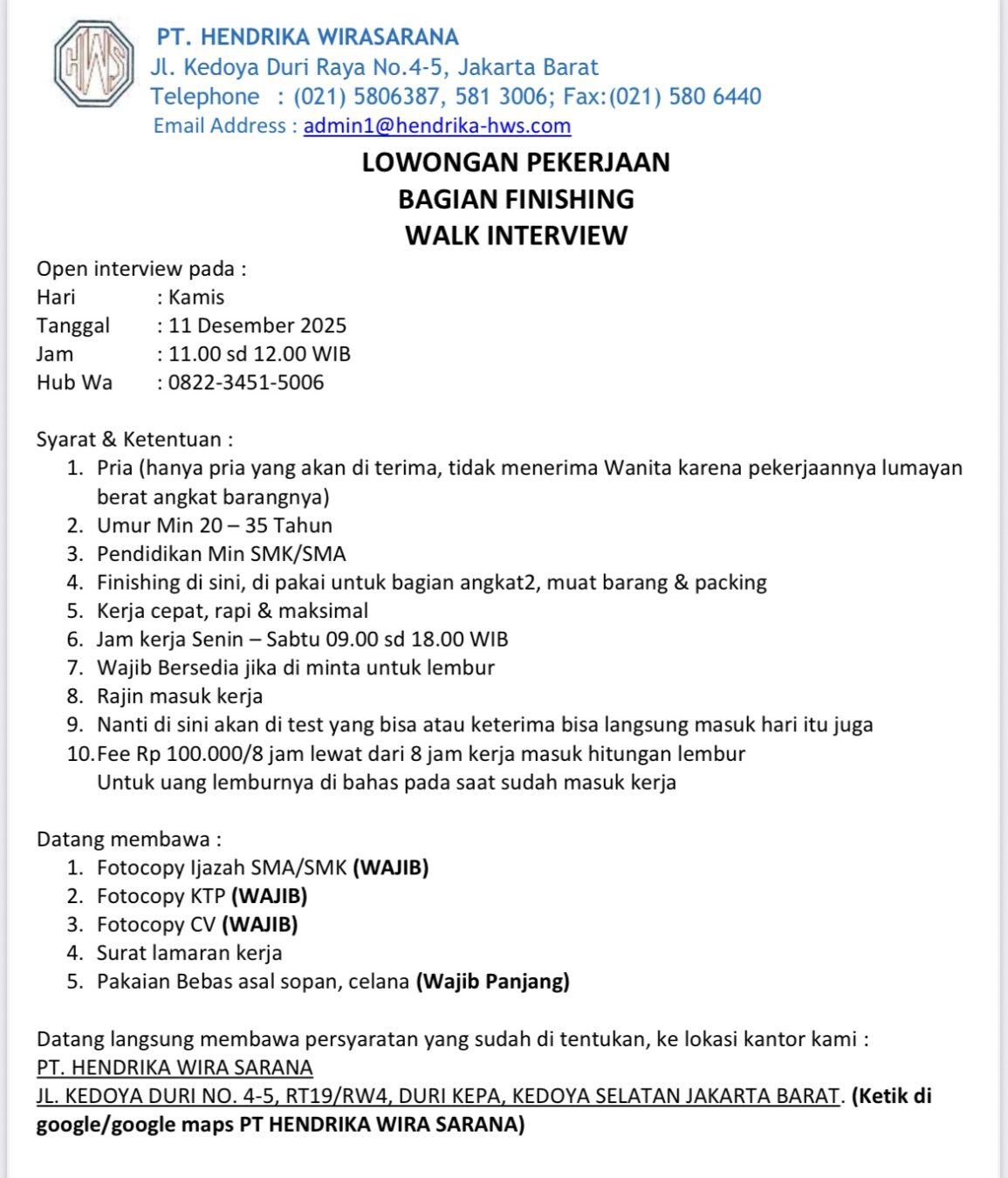 Lowongan Kerja Finishing di PT. Hendrika Wira Sarana - JakartaKerja