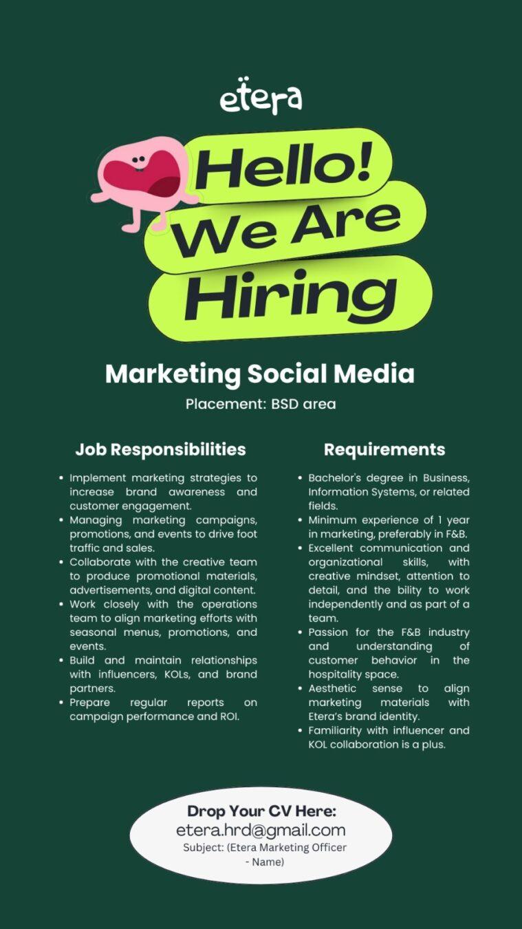 Lowongan Kerja Marketing Social Media di Etera Cafe - JakartaKerja