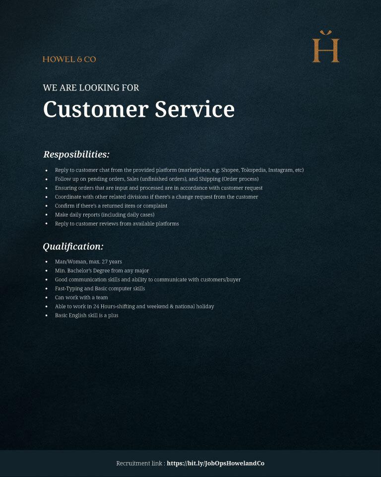 Lowongan Kerja Customer Service di Howel and Co - JakartaKerja