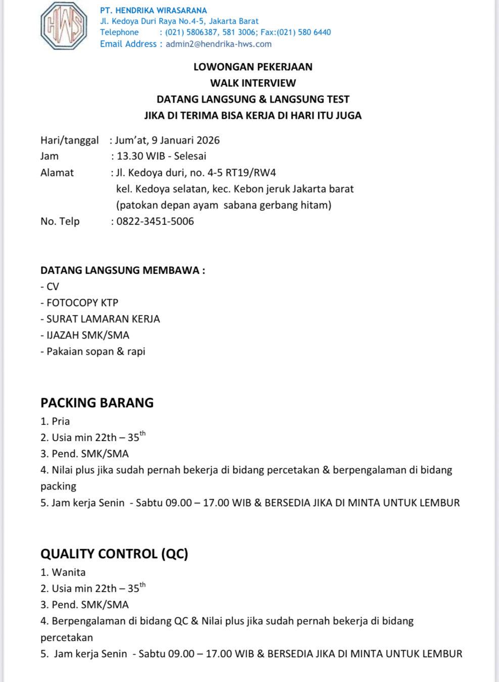 Lowongan Kerja Packing Barang - Quality Control di PT. Hendrika Wira ...