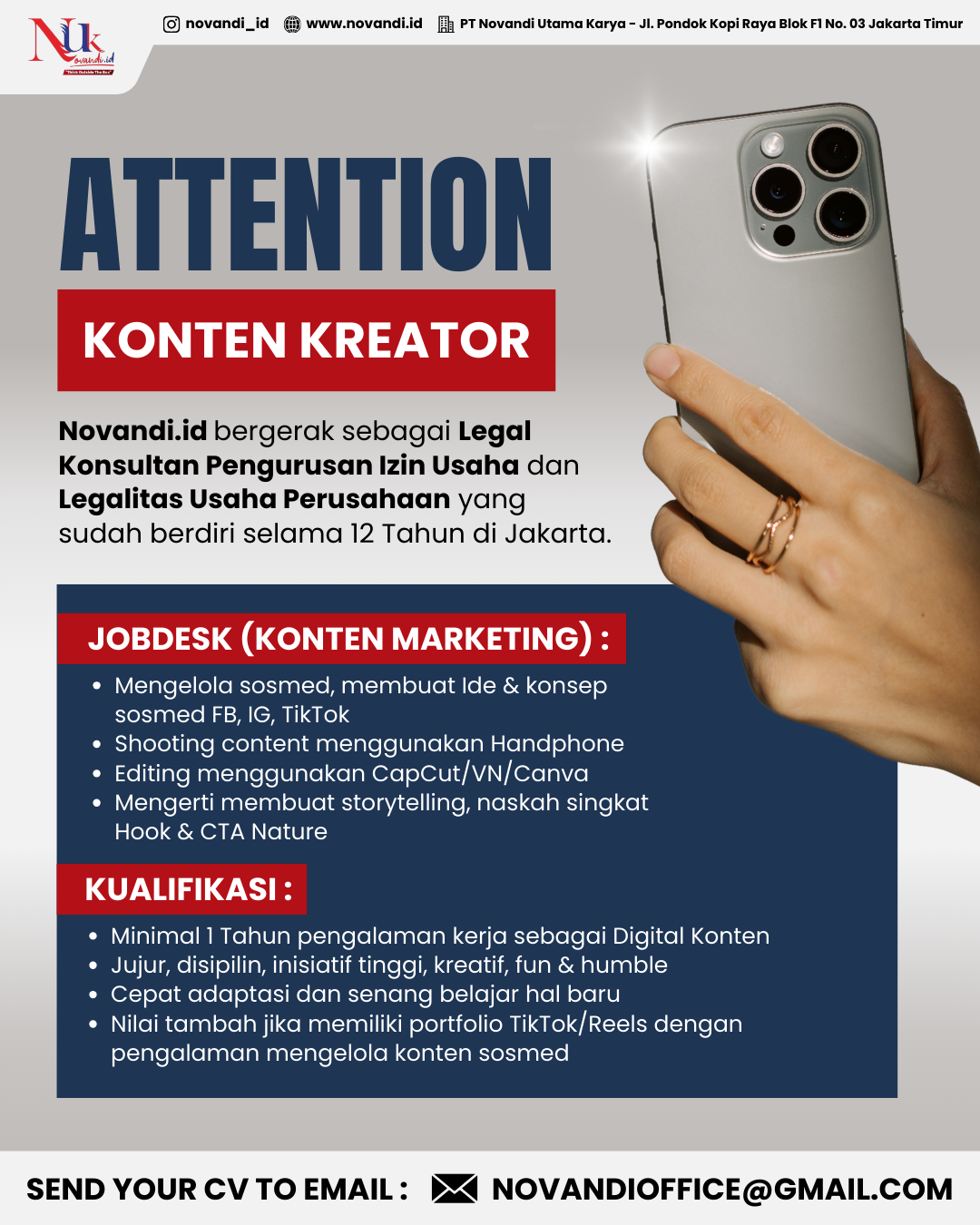 Lowongan Kerja Konten Kreator di PT. Novandi Utama Karya - JakartaKerja