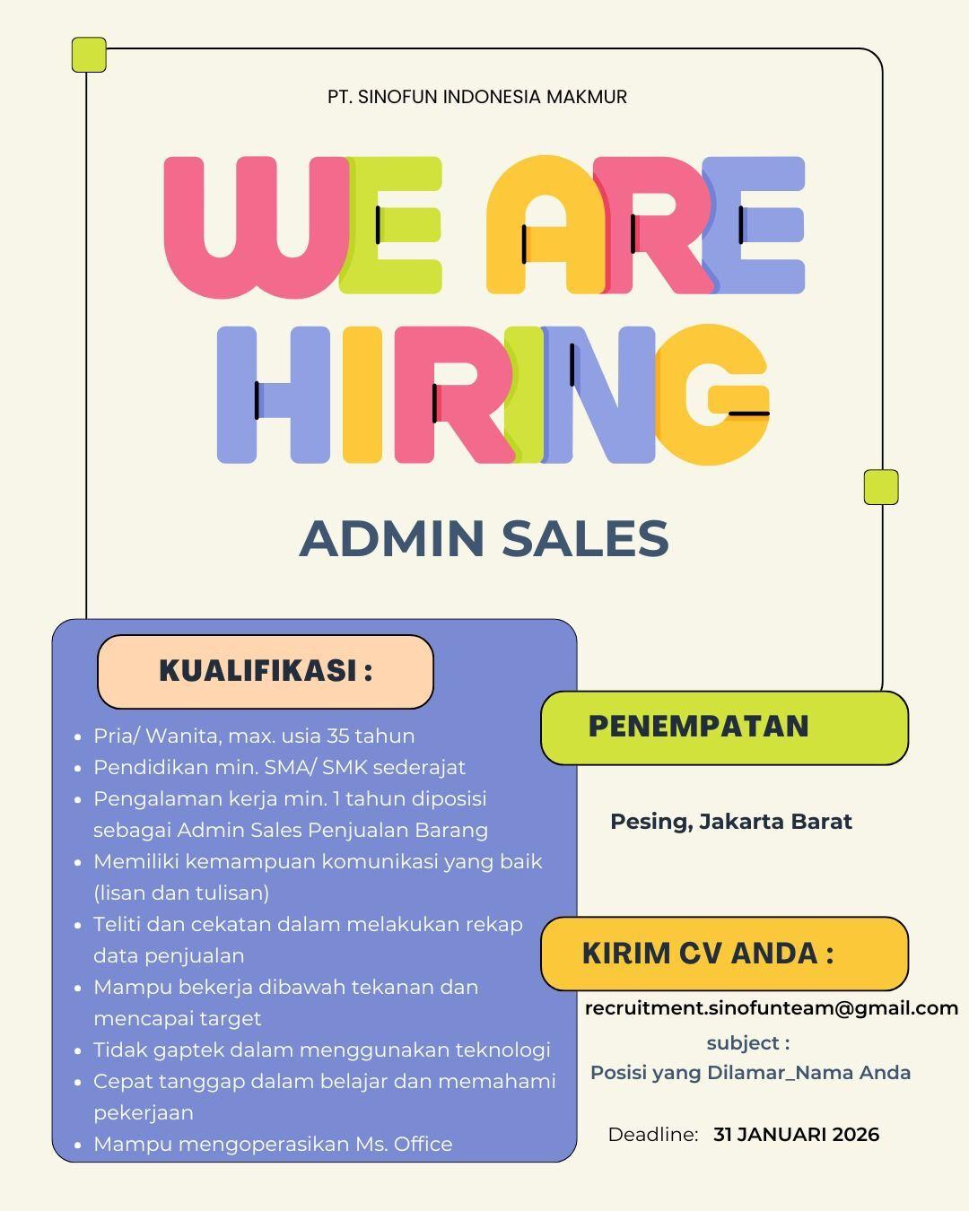 Lowongan Kerja Admin Sales - ⁠Admin Customer Service - ⁠Admin Import ...