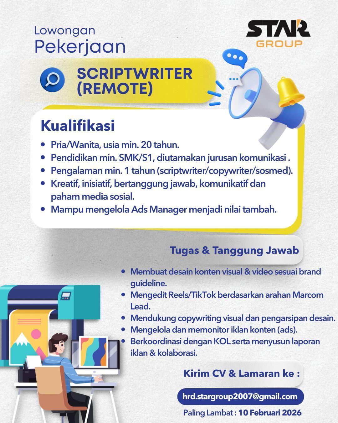 Lowongan Kerja Scriptwriter (Remote) - Design & Editor + ADS & KOL ...