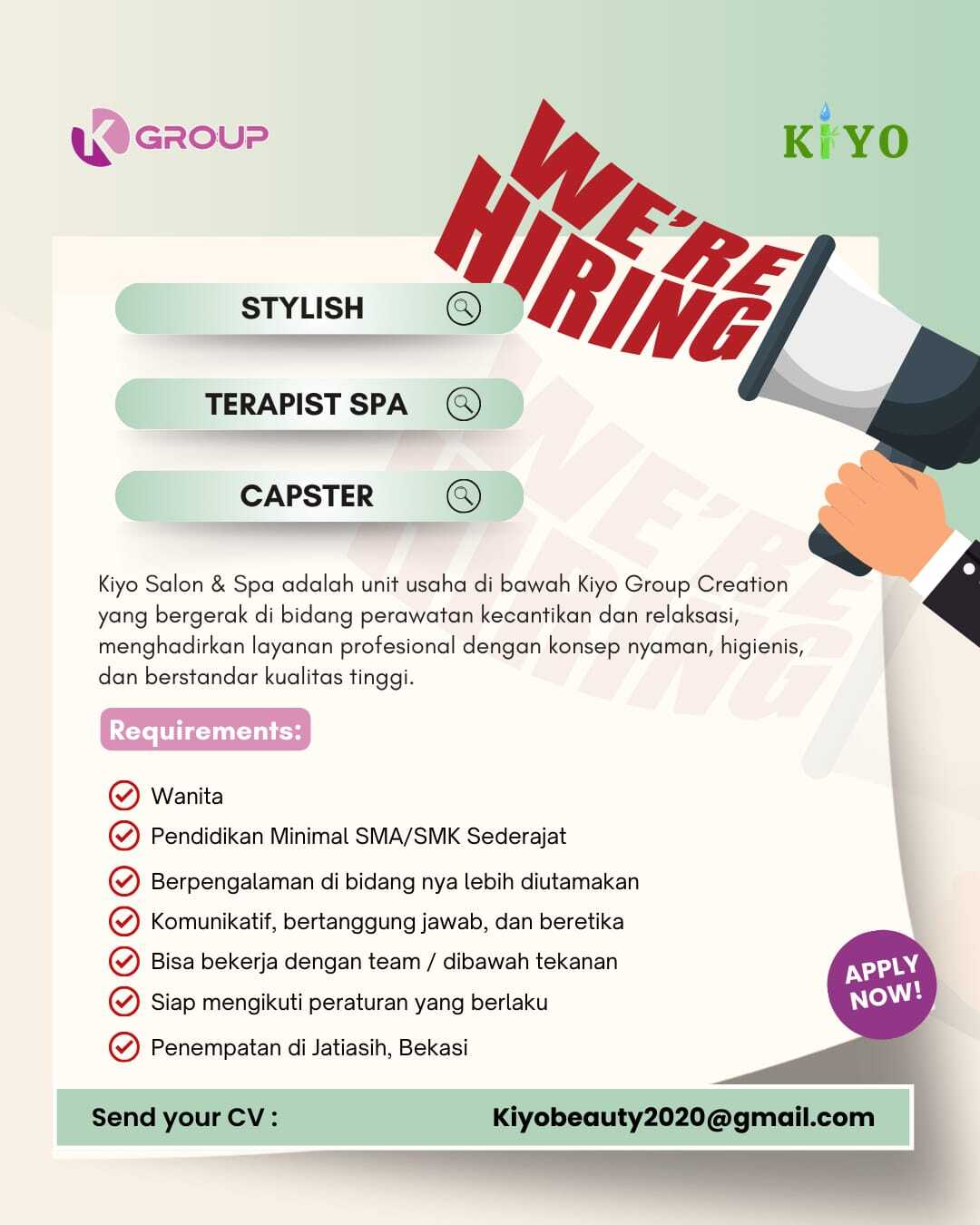 Lowongan Kerja Stylish - Terapist Spa - Capster - Frontliner di Kiyo ...