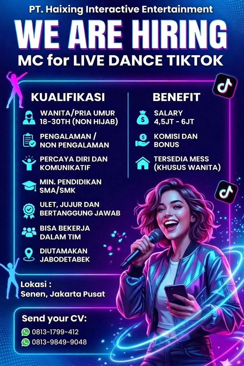 Lowongan Kerja MC For Live Dance Tiktok - Host For Live Dance Tiktok ...