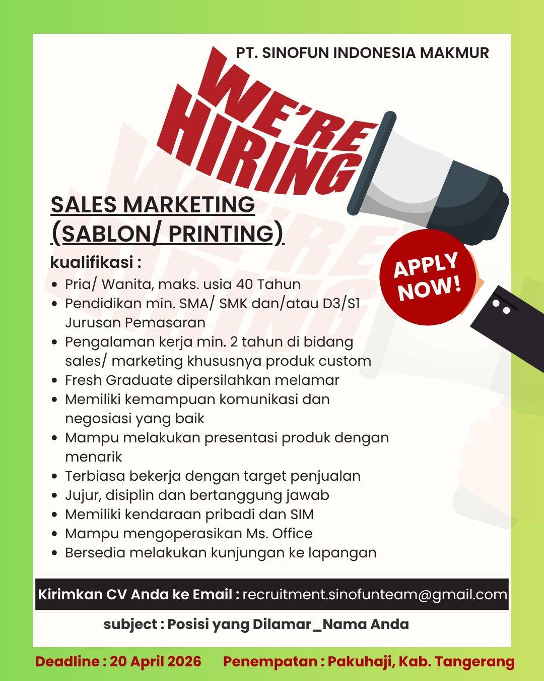 Lowongan Kerja Sales Marketing (Sablon/ Printing) - Operator Mesin ...